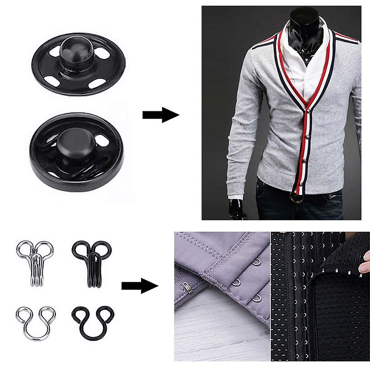 FASHIONTOAD 50 Pairs 3 Styles Skirt Hooks and Eyes Sewing Hook, Sewing Snaps Clothing Fixing Tools with Metal Snaps Buttons Fasteners Press Studs for Trousers Skirt Dress Sewing and Crafting