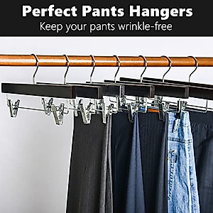 Amber Home Walnut Wooden Pants Skirts Hangers 24 Pack, Solid Wood Trousers Bottom Hanger with 2-Adjustable Clips, Clip Hangers for Slacks, Jeans, Shorts (Walnut, 24)