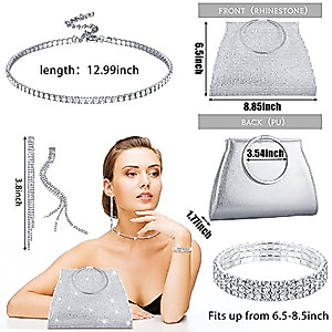 4 Pcs Women Wristlet Rhinestone Evening Clutch Bag Rhinestone Bridal Wedding Choker Bracelet Dangle Earring Bride and Bridesmaid Handbag Elegant Bling Glitter Purse