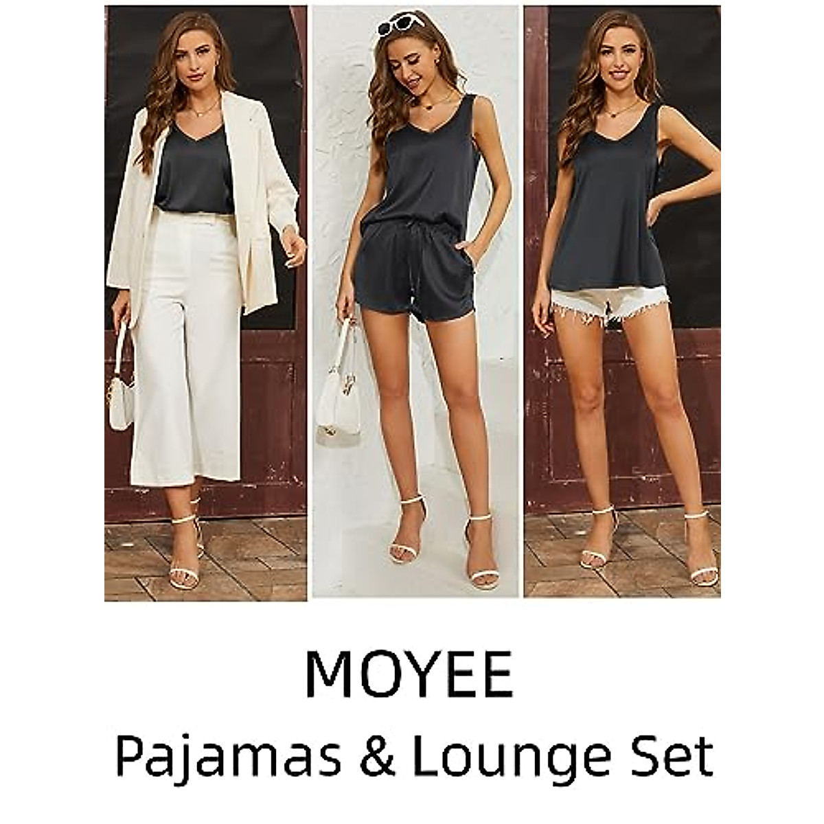 MOYEE Women Silk Pajama Set Soft Satin V Neck Tank Top and Shorts 2 Piece lounge Sets with Pockets(Black, Large)