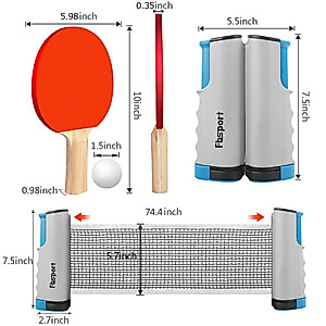 FBSPORT Ping Pong Paddle Set, Portable Table Tennis Set with Retractable Net, 2 Rackets, 6 Balls and Carry Bag for Children Adult Indoor/Outdoor Games, Gray