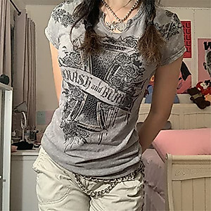 Alyweatry Women Cute Graphic Short Sleeve Crop Top Vintage Print E-Girl Slim Fit Tee Top Aesthetic Clothes Streetwear (Grey Goth Print, S)
