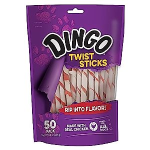 Dingo Twist Sticks 50 Count, Rawhide For Dogs, Made With Real Chicken, 50 Count (Pack of 1)