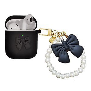 Cute AirPod Case with Bow Keychain Soft Silicone Skin Butterfly Knot Kit Portable Shockproof Protective Cover for Apple AirPods 1 2 1st 2nd Generation Charging Case Fits for Women Girls Kids (Black)