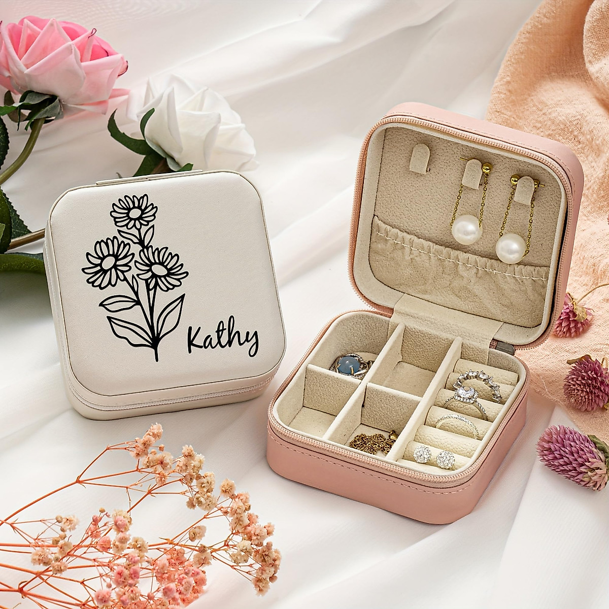 Custom Birthday Flower Jewelry Storage Box, Birth Month Flower Gift Box, Birthday Gift For Women, Leather Jewelry Storage Box Display Box