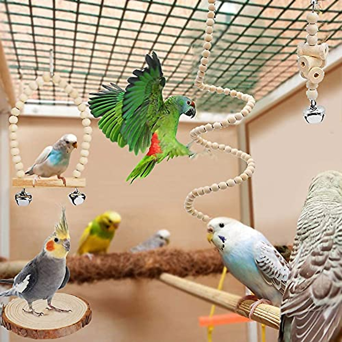 TOLMIOW 9 Pieces Parrots Chewing Natural Wood and Rope Bungee Bird Toy for Anchovies, Coconut Hideaway with Ladder ,Bird Perch Stand, Bird Cage Accessories, Parakeets, Cockatiel, Conure, Mynah, Macow