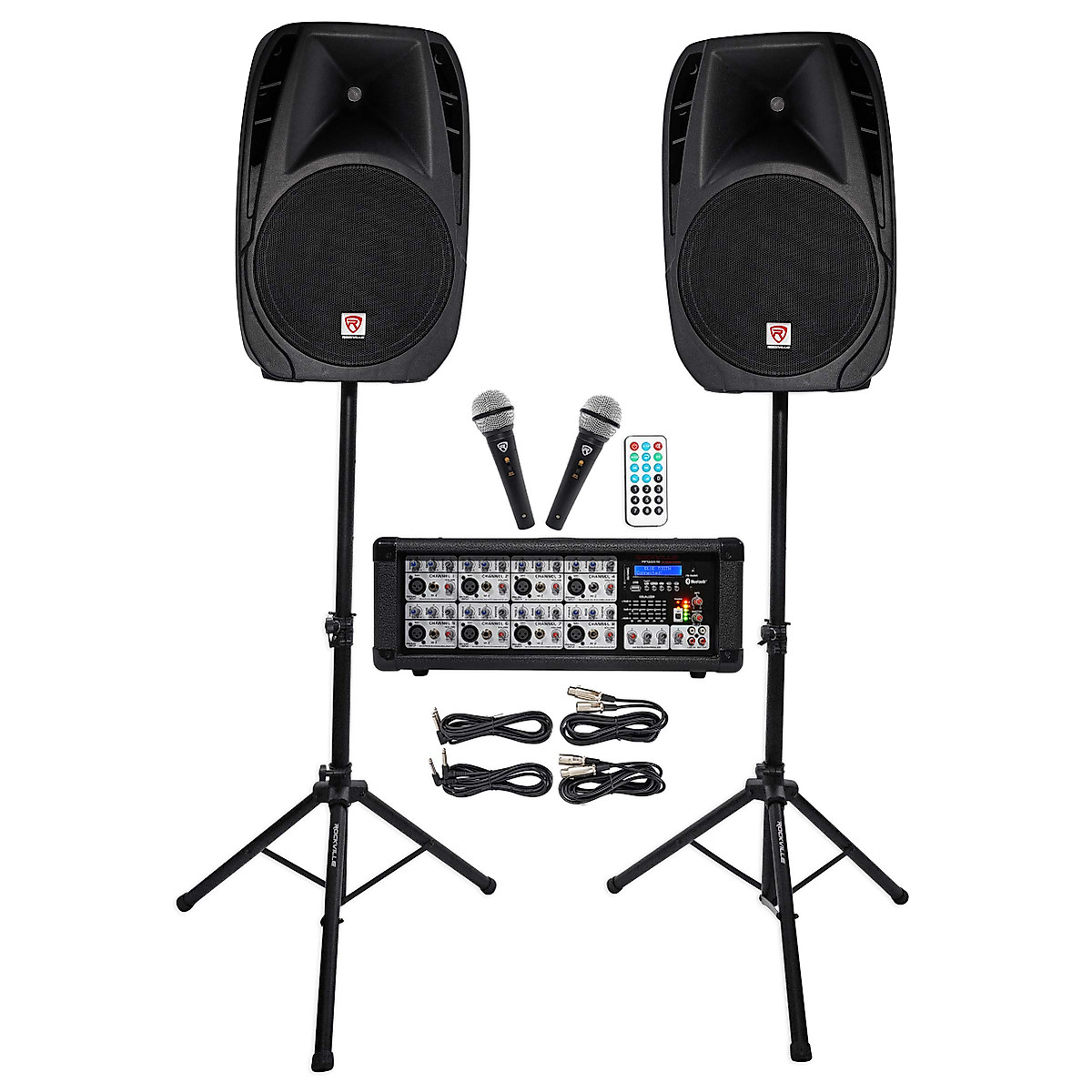 Rockville RPG2X15 Powered Bluetooth Mixer+(2) 15" Speakers+Stands+Wireless Mics