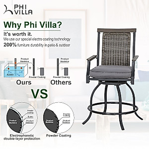 PHI VILLA 4 pcs Outdoor Bar Chairs (24" Seat Height) with Rattan Backrest, Counter Height Patio Chair with 3.5" Padded Grey Cushion,All Weather for Garden,Yard,Lawn