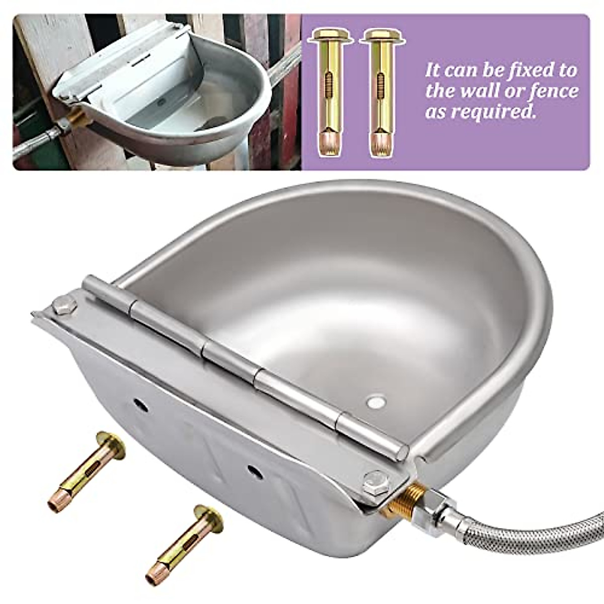 KHEARPSL Automatic Waterer Bowl with Brass Float Valve and Drain Hole, Stainless Steel Dog Livestock Water Bowl with Hose, Connector and Screws