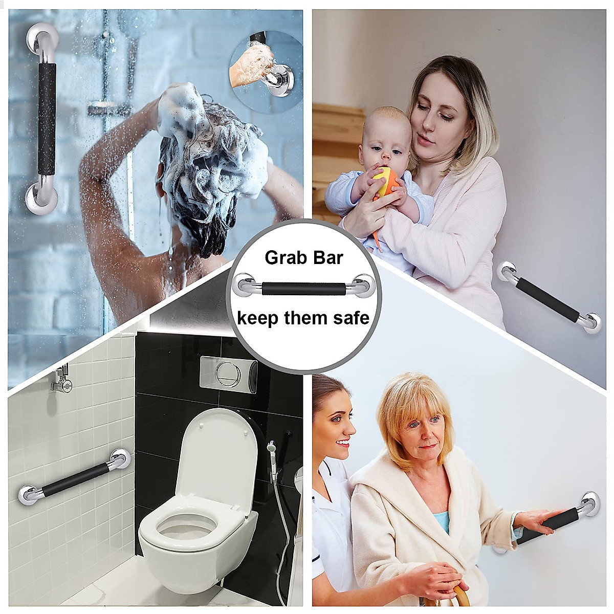 Funland 2 Pack 12 Inch Shower Grab Bar with Anti-Slip Rubber Grip, Stainless Steel Grab Bars Handles for Elderly, Bath Grab Bar, Handicap Grab Bars, Bathroom Balance Senior Assist Handle, Black