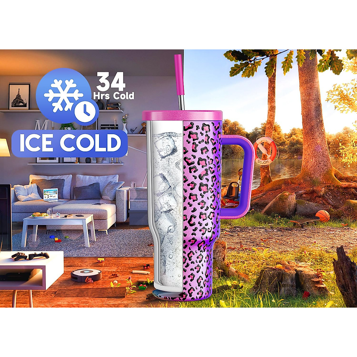 Meoky 40 oz Tumbler with Handle and Straw, Tumbler with Lid and Straw, Insulated Stainless Steel Travel Mug, 100% Leak-proof, Keeps Cold for 34 Hours or Hot for 10 Hours (Celebration)