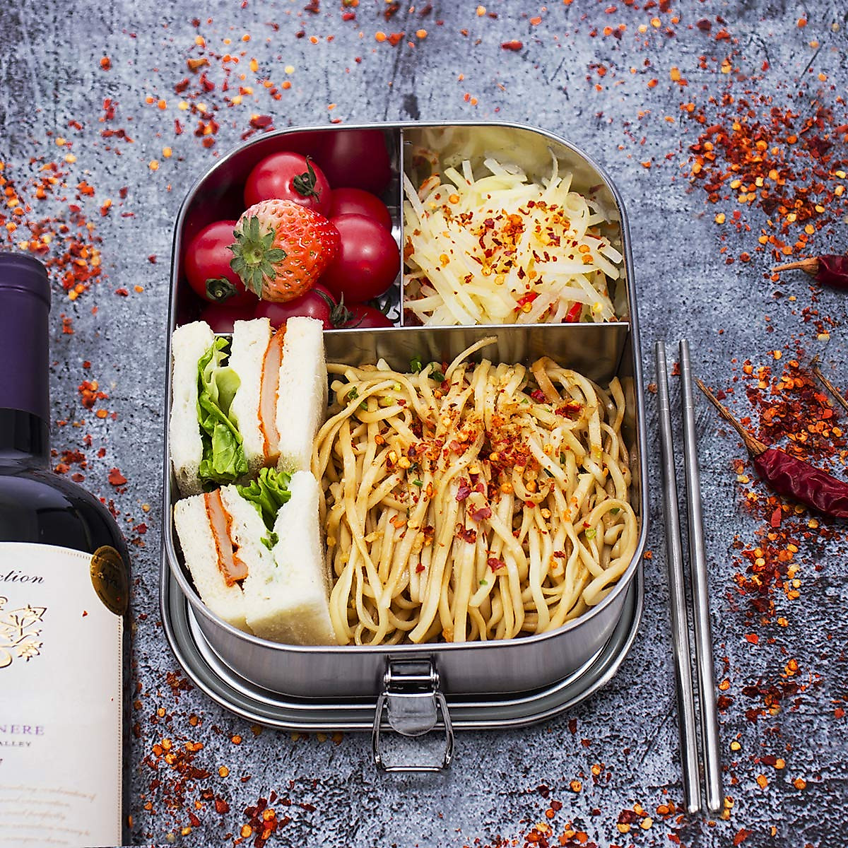 Stainless Steel Bento Box Lunch Containers For Adults Leakproof 3 Compartment Metal Bento Lunch Box Food Container For Over 5 Years Old Kids (1400ml/47oz)