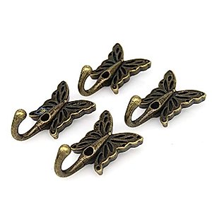 4 PCs Vintage Antique Brass Butterfly Shaped Wall Hooks Wall Mounted Hanger for Coat Cloths Hat Towel (Length 1-3/8-in Width 2-11/64-in)