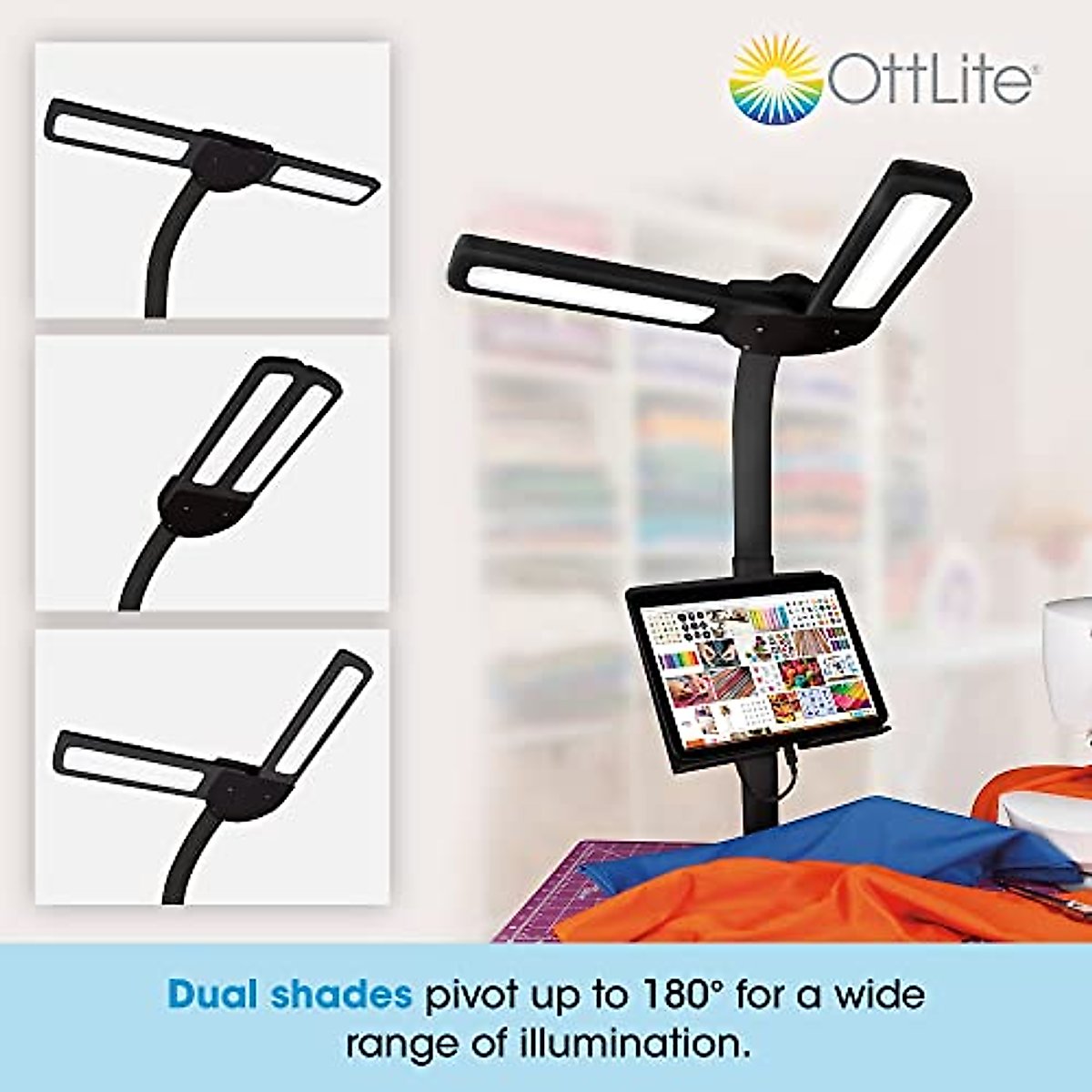 OttLite Dual Shade LED Standing Floor Lamp with Adjustable Stand - Wide Range of Illumination with Built-in 2.1A USB Charging Port and Flexible Neck - 4 Brightness Settings for Reading & Studying