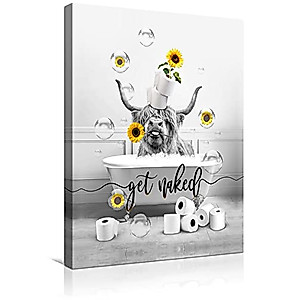 WALLOHERE Bathroom Canvas Wall Art Black And White Artwork Farm Highland Cow In Bathtub With Sunflower Picture Print Modern Giclee Decor For Decoration Ready To Hang 12x16 Inch, 12 x 16 in