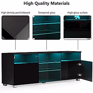 LED TV Stand for 65 inch TVs, Modern TV Stand with LED Lights and High Glossy Cabinets, Game Console Entertainment Center with Storage Shelves and Media Layers for Living Room Bedroom (Black, 57inch)…