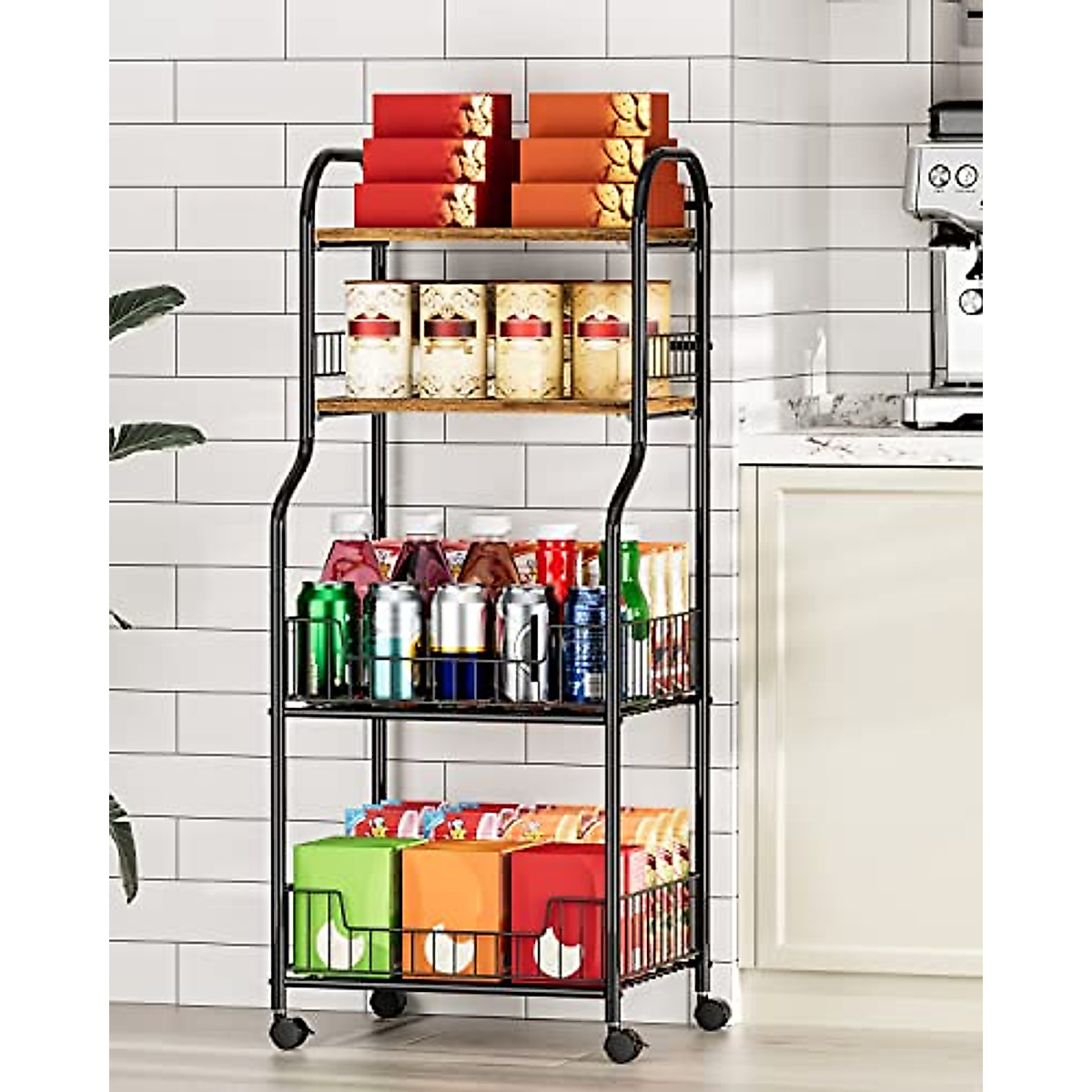 EKNITEY Kitchen Rolling Utility Cart - 4 Tier Baker's Rack for Spices Fruits Vegetables Snacks Pots and Pans