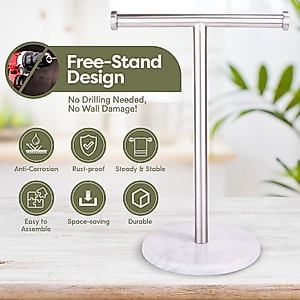 Homeries Marble Hand Towel Holder - Stainless Steel Towel Stand with Round Marble Base - Modern T-Shape Hand Towel Valet for Bathroom, Vanity Top Towel Stand, Counter Towel Bar, Jewelry Rack