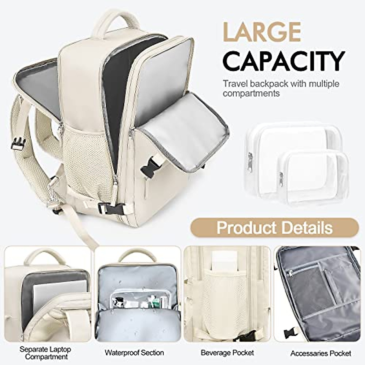 Rinlist Travel Backpack for Men Women, Airline Approved Carry-on Backpack, Anti Theft Personal Item Backpack, Waterproof Casual Daypack for College Weekender Business Hiking Gym Sports, Beige