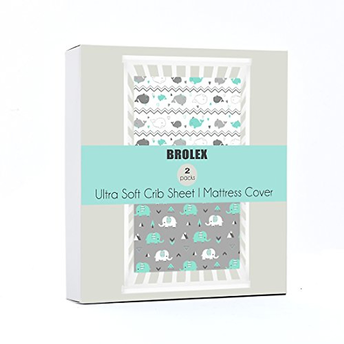 Stretchy Fitted Crib Sheets Set BROLEX 2 Pack Portable Crib Mattress Topper for Baby Boys Girls,Ultra Soft Jersey,Full Standard,Elephant & Whale