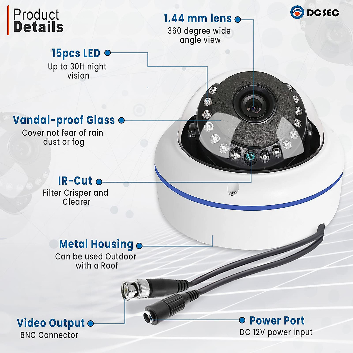 HD 1080P 360 Degree Dome Surveillance Cameras Indoor Outdoor 4 in 1 (TVI/AHD/CVI/CVBS BNC Analog System) 1.44mm Fisheye CCTV View Round Wide Angle Security Camera Coax