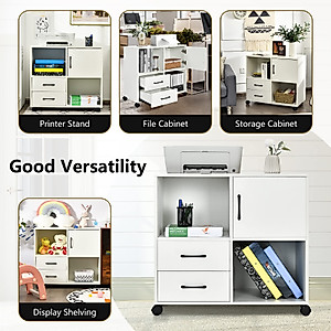 Giantex Printer Stand Under Desk - Mobile File Cabinet with 2 Drawers, Lateral Cabinet, 2 Open Compartments, Lateral Rolling Filing Cabinet on Wheels for Home & Office Use Printer Table (White)