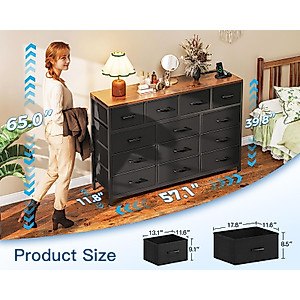 Casaottima Dresser for Bedroom with Charging Station, 57" Long Dresser with 13 Storage Drawers, Large Fabric Dressers Chests of Drawers with Shelves, Black and Vintage
