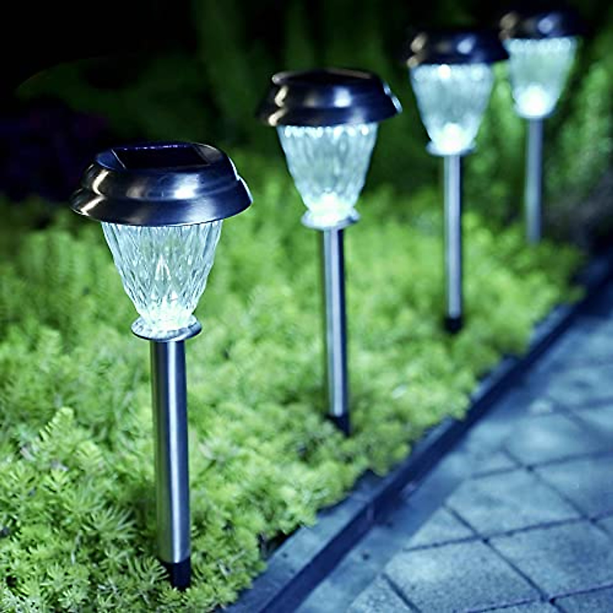 DAMAYCA 6 Pack Solar Lights Outdoor for Garden Pathway Walkway Driveway Sidewalk Yard Stainless Steel Glass Landscape Lights Solar Powered for Landscape Lighting. (Silver, Warm Light)