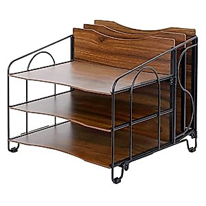 Aimeaihe Wood File Organizer, Metal Desk File Organizer with 3 Paper Letter Trays and 2 Vertical Upright Folder Holders, Desk Organizers and Accessories for Office Home School, Black