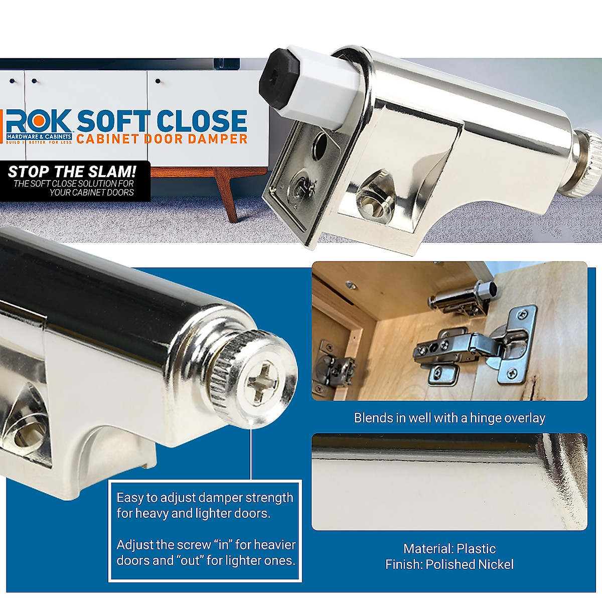 25 Pack Rok Hardware Soft Close Damper for Cabinet Doors/Compact/SoftClose Cabinet Adapter/Hardware/Hinge Polished Nickel Finish, SCD103