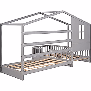 Harper & Bright Designs House Bed with Double Twin Beds, Wood L-Shaped 2 Platform Beds Roof ,Window,Fence and Slatted Design, Corner Playhouse Frame ,Montessori for Kids Girls Boys ,Grey