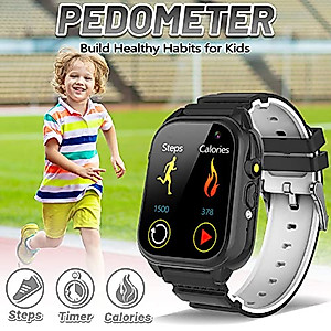 Waterproof Kids Game Smart Watch with 26 Puzzle Game HD Touchscreen Camera Video Music Player Pedometer Alarm Clock Flashlight Educationals Learning Toys for Girls Boys 3-12 Years Old (Black)