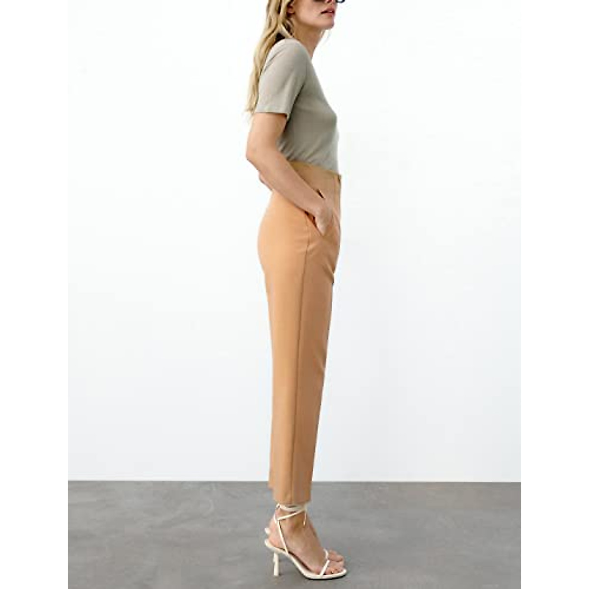 Ugerlov Women's High Waisted Dress Pants Work Business Casual Slacks Tapered Ankle Pants with Pockets, Orange Yellow Large