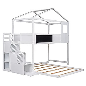 DEYOBED Twin Over Full House Shaped Wooden Bunk Bed with Storage Staircase, Shelves and Blackboard for Kids Teens