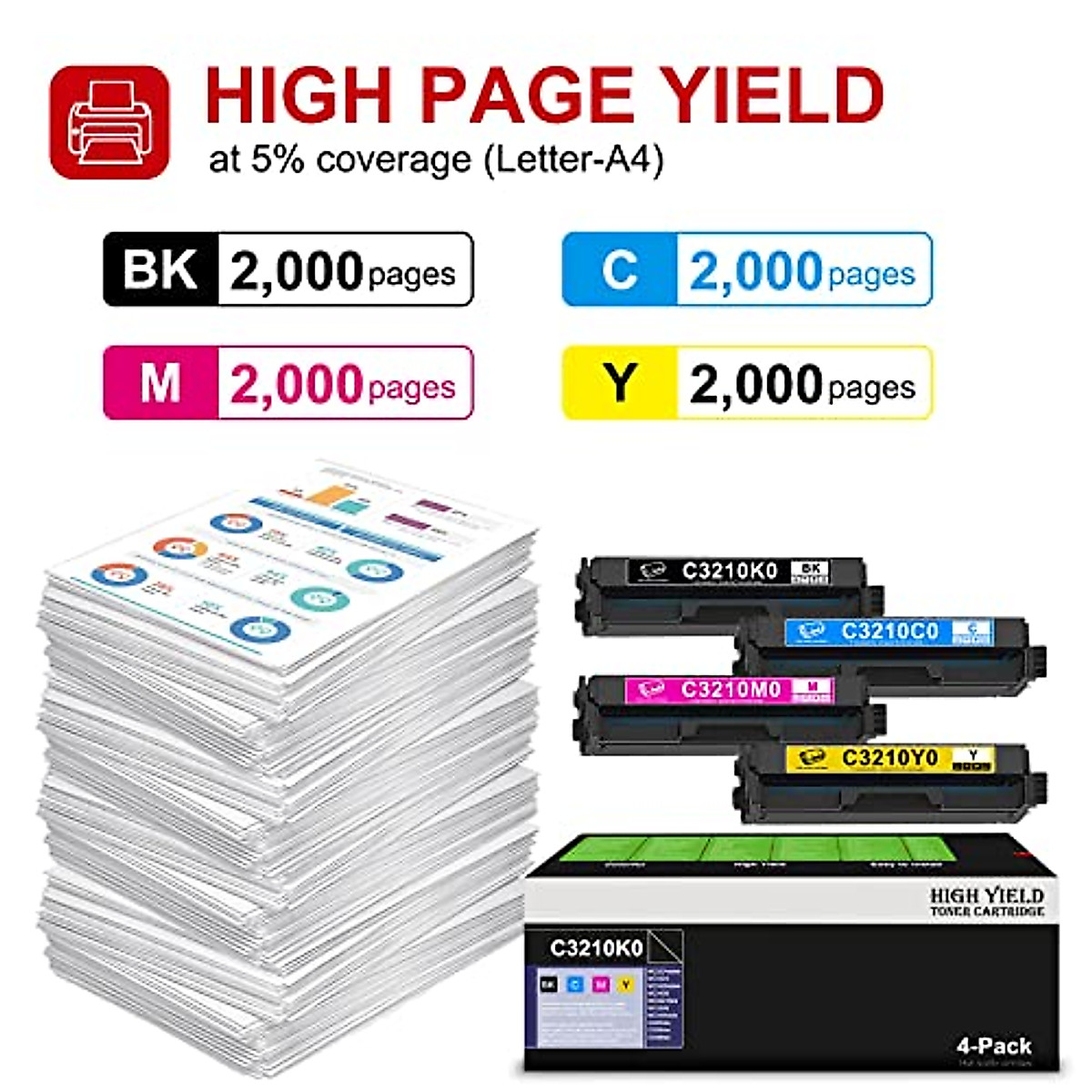 4 Pack 1BK+1C+1M+1Y C3224 C3210K0 C3210C0 C3210M0 C3210Y0 Toner Cartridge Replacement for Lexmark MC3224adwe MC3224i MC3326adwe MC3426i MC3224dwe MC3326i MC3426adw C3224dw C3326dw C3426dw Printer