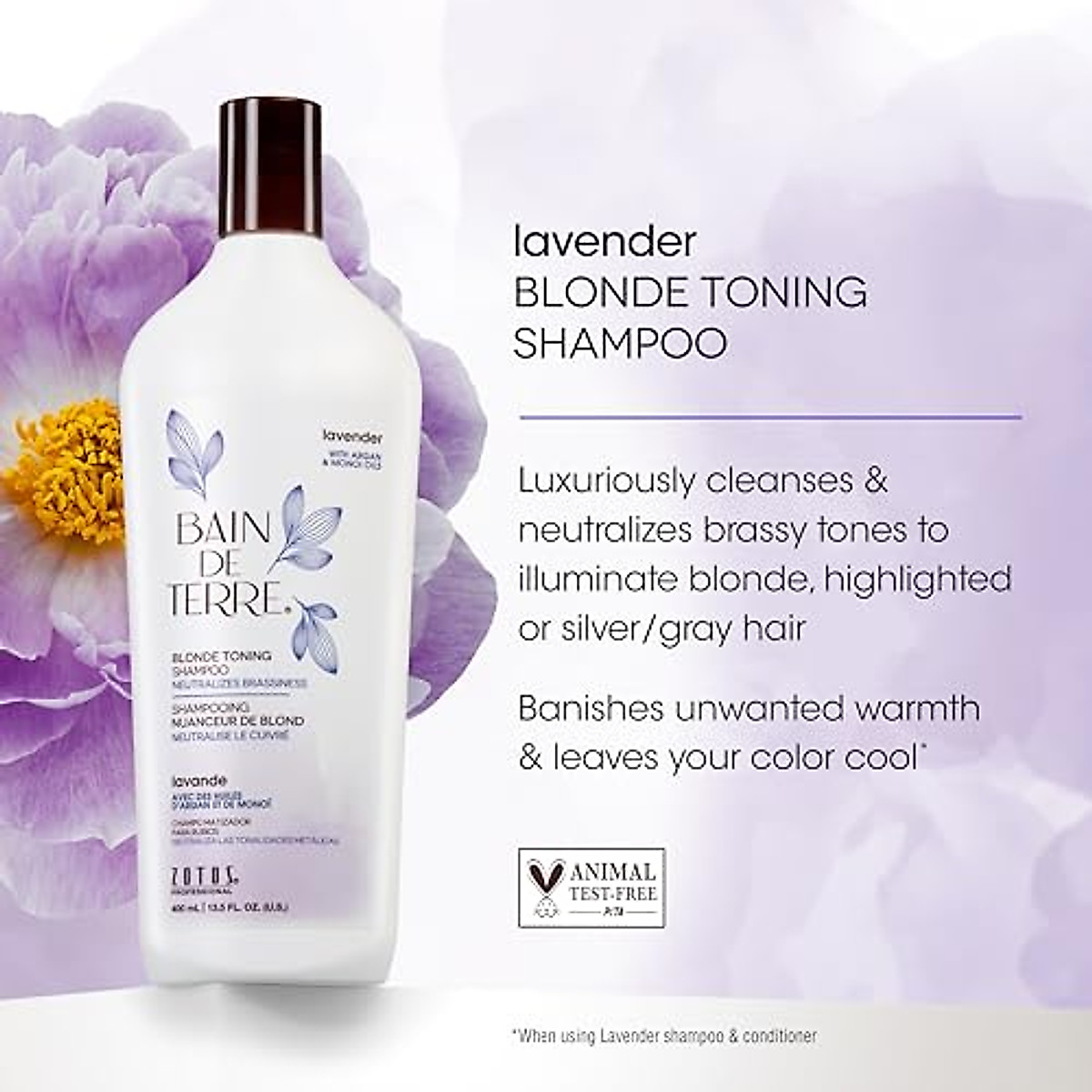 Bain de Terre Lavender Blonde Toning Shampoo, Neutralize Brassy Tones for Cool Blonde, Highlighted or Gray Hair, with Argan & Monoi Oils, Paraben-Free, Vegan, 13.5 Fl Oz