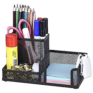 Comix Mesh Pen Pencil Holder with Post It Note Holders Desk Organizer, 3 Compartment Wire Desktop Pen Pencil Cup Caddy Office Supplies Accessories for Home Office School, Black