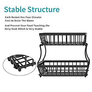Apsan 2 Tier Countertop Fruit Basket Bowl for Kitchen, Bread Vegetable Fruit Basket Bowl Stand Detachable Metal Rectangular Wire Basket, Black Medium