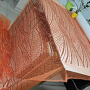 Pretty Tulle Lace Fabric with Beaded and Sewing Sequins Weddnig French Net Mesh Laces Fabrics 5 Yards Per Lot XCW-113 (Orange,5 Yards)