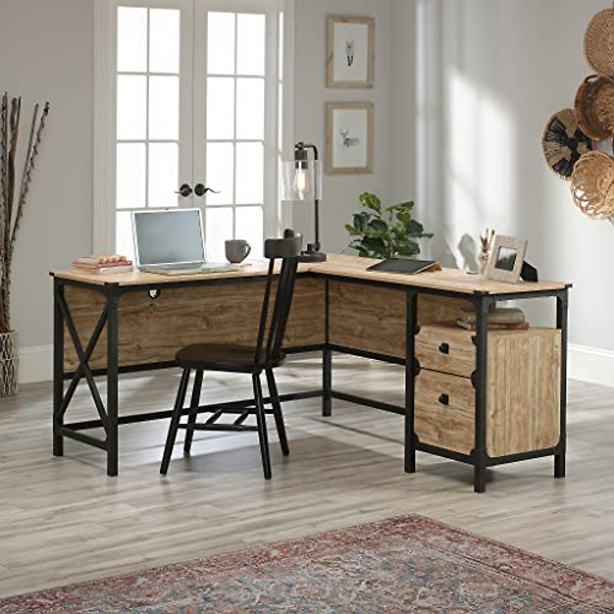 Sauder Steel River L-Shaped Desk, L: 59.84" x W: 57.32" x H: 29.53", Milled Mesquite Finish & Steel River Pedestal File Cabinet, L: 20.87" x W: 23.86" x H: 26.58", Milled Mesquite Finish