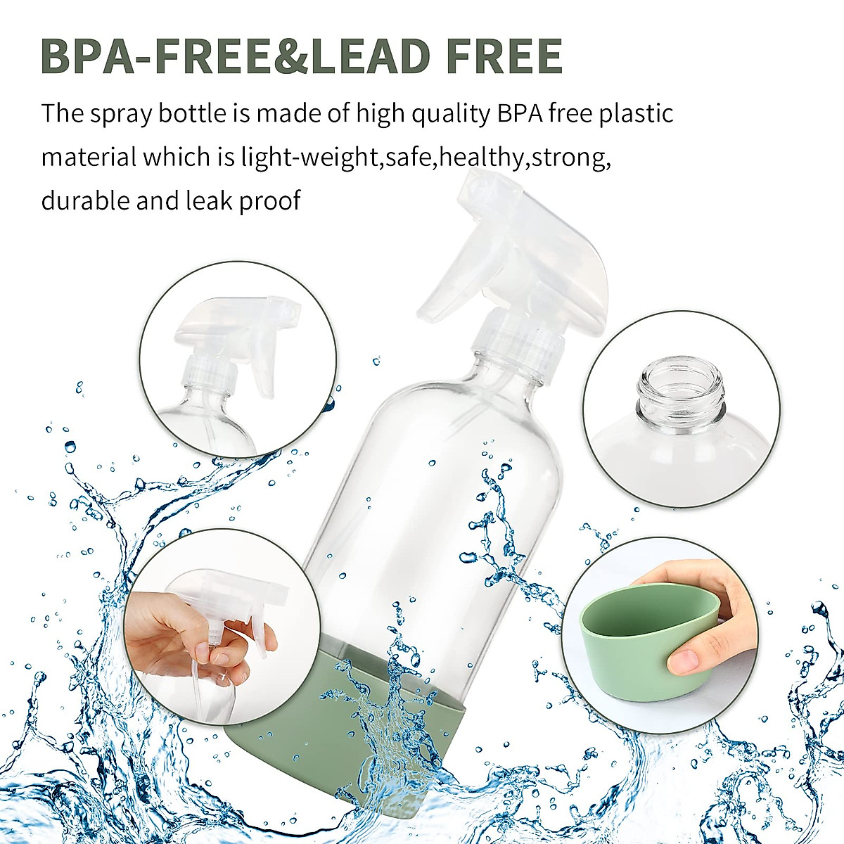 HOMBYS 16 Oz Clear Glass Spray Bottles with Silicone Sleeve,Empty Boston Bottle Spray Bottle with Adjustable Nozzle,Refillable Container for Cleaning, Essential Oils, Hair, Plants