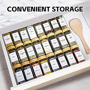 Miuyhji Spice Jars, 24 Pcs 4oz Spice Jars with Label, Glass Jars with Bamboo Lids, Spice Containers Bottles with Pepper Grinder & Stainless Steel Funnel for Seasoning Organizer, Cabinet, Drawer