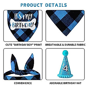 AIITLE Dog Birthday Bandana, Plaid Scarf and Reusable Dog Boy Birthday Party Hat with Number, Small Medium Dog Cat Pet Birthday Party Supplies Blue