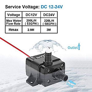 DC 12-24V Mini Submersible Water Pump Max. 220L/H 10ft Lift for Aquarium Garden Pond Fall Hydroponic Fountains, Clear Water Only