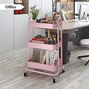 3 Tier Rolling Cart, Metal Utility Cart with Rotating Lockable Wheels, Storage Cart for Office, Bathroom, Kitchen, Garden (Pink)