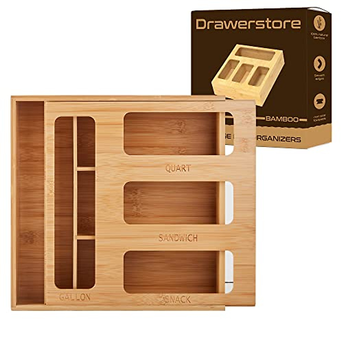 Drawerstore, Ziplock Storage Bag Organizer for Drawer - Plastic Bag Holder for Quart, Gallon, Sandwich, and Snack Size Storage Bags, Natural (DS-ORG-1)