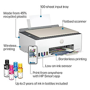 HP Smart-Tank 5000 Wireless All-in-One Ink-Tank Printer with up to 2 years of ink included, mobile print, scan, copy, white, 17.11 x 14.23 x 6.19