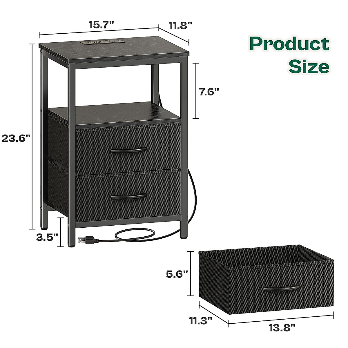 Huuger Night Stand with Charger Station and LED Lights, 2 Drawer Nightstand, Bed Side Table with Open Shelf, End Table, Fabric Dresser for Bedroom, Black