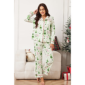 LUBOT Christmas Pajamas 100% Cotton Pajama for Women Soft Button-Down Long Sleeve Xmas 2 piece PJ Sleepwear Loungewear (Christmas Tree,M)