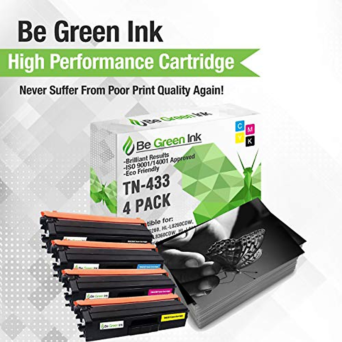 Be Green Ink Compatible Toner Cartridges for Brother HL-L8260, HL-L8260CDW, HL-L8360, MFC-L8610, MFC-L8610CDW, MFC-L8900, MFC-L8900CDW – TN433 TN-433 Toner TN-433BK, TN-433C, TN-433M, TN-433Y (4 Pack)